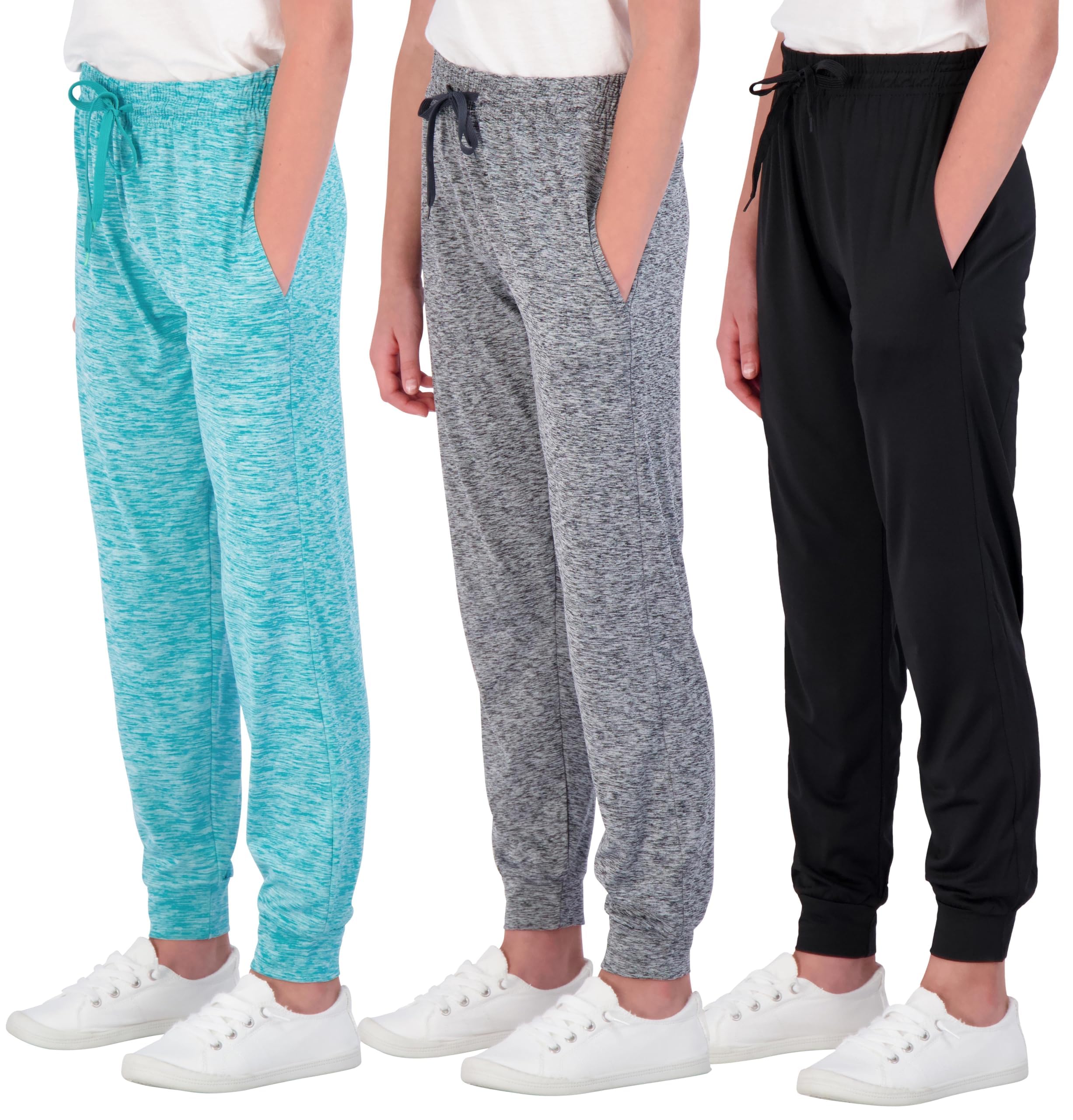 Real Essentials Girl's Dry Fit Joggers Sweatpants | Soft Athletic Pants for Teens & Kids | Casual Running & Sports | Joggers with Pockets & Drawstring - Set 5, Small (Pack of 3)