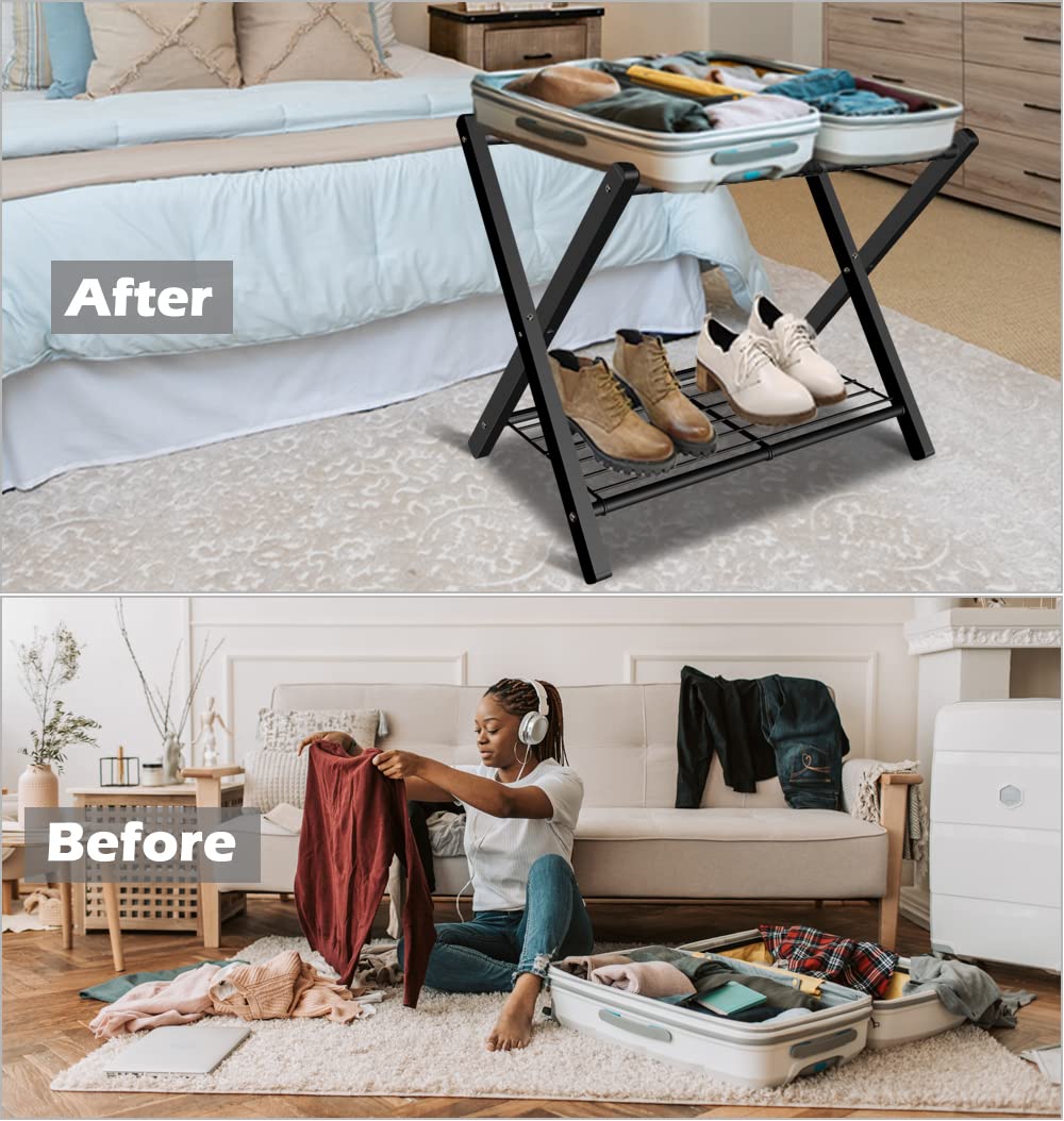 Fandature Folding Luggage Rack for Guest Room, Metal Foldable Suitcase Stand Holder with Metal Shelf for Bedroom, Black, 1 pack