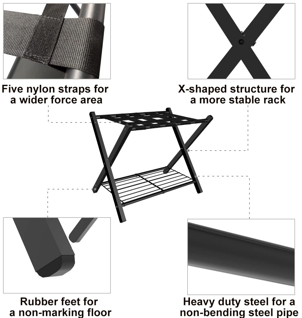 Fandature Folding Luggage Rack for Guest Room, Metal Foldable Suitcase Stand Holder with Metal Shelf for Bedroom, Black, 1 pack