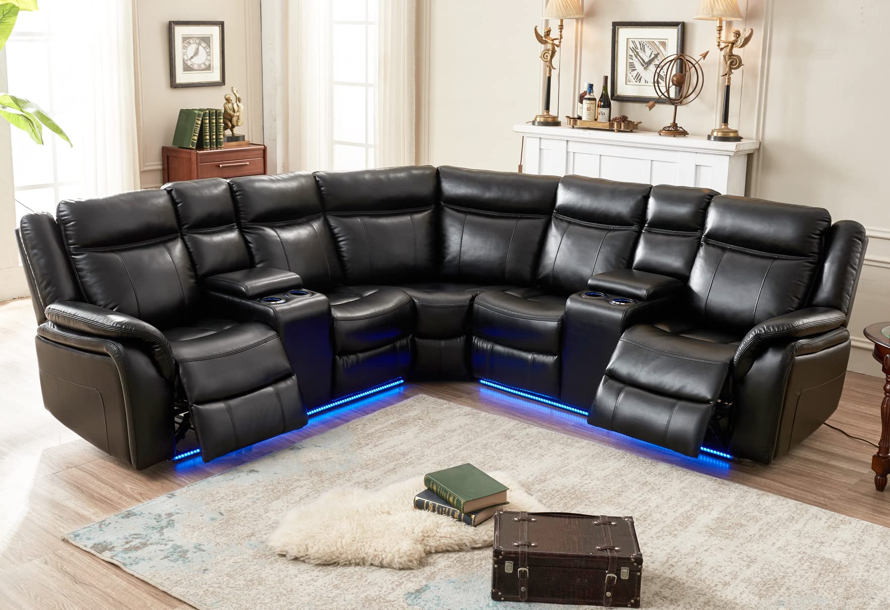 Comfort Stretch Sectional Recliner Sofa Set with LED Lights Power Reclining Couch Faux Leather Consoles Storage Boxes/USB Port/Cup Holders Living Room Furniture Home Theater Seating, Black