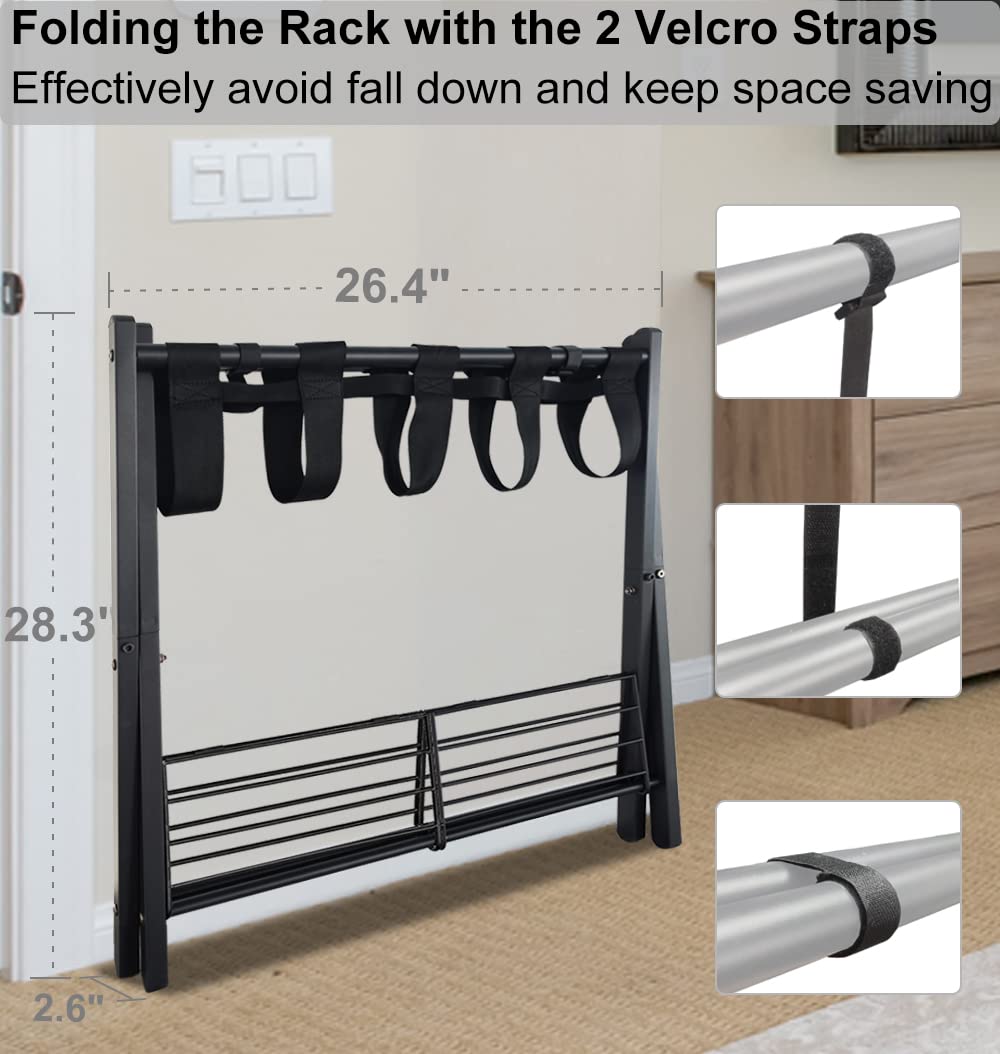 Fandature Folding Luggage Rack for Guest Room, Metal Foldable Suitcase Stand Holder with Metal Shelf for Bedroom, Black, 1 pack