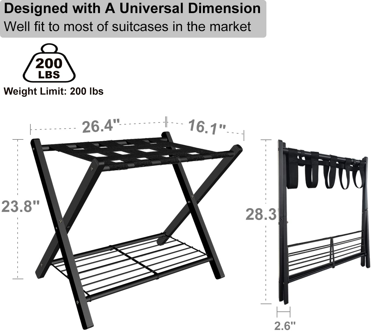 Fandature Folding Luggage Rack for Guest Room, Metal Foldable Suitcase Stand Holder with Metal Shelf for Bedroom, Black, 1 pack