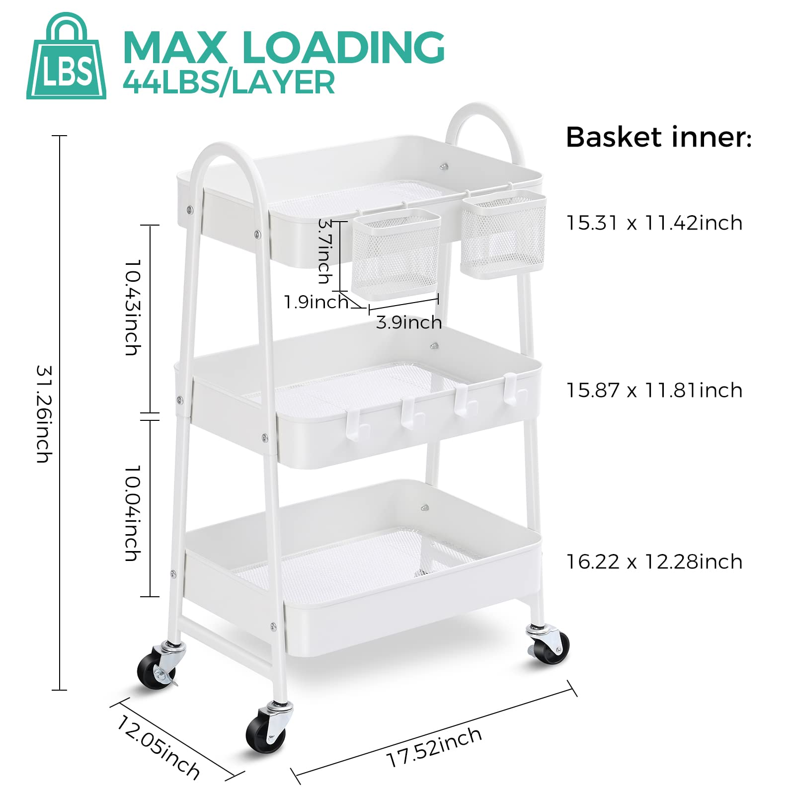 KINGRACK 3-Tier Rolling Cart, Metal Rolling Storage Cart with Handle and Lockable Wheels, 2 Hanging Baskets & 4 Hooks, Utility Cart for Kitchen, Bathroom, Office, White