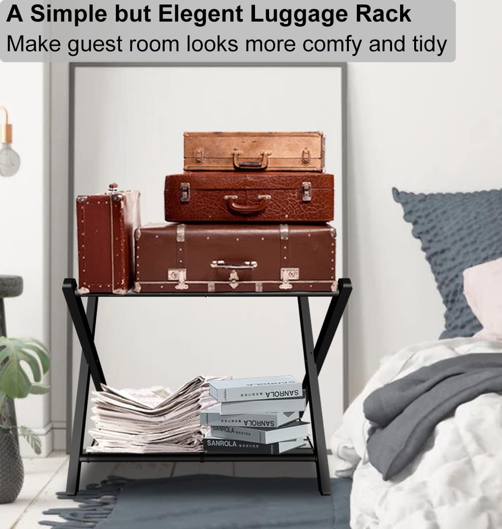 Fandature Folding Luggage Rack for Guest Room, Metal Foldable Suitcase Stand Holder with Metal Shelf for Bedroom, Black, 1 pack