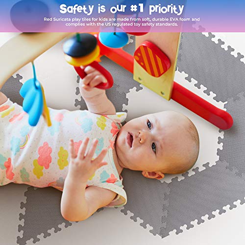 Red Suricata Playspot Foam Hexamat – Geo Interlocking Baby Play Mat - Baby Playmat for Kids, Infants & Toddlers – 79” x 60” or 74” x 63” Rubber Foam Floor Puzzle Mats Tiles (Ghost White/Grey
