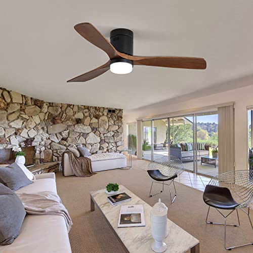 Sofucor 52 Inch Low Profile Ceiling Fan With Lights 3 Wood Fan Blade Noiseless Reversible DC Motor Remote Control Flush Mount Ceiling Fan With Light for Farmhouse Modern Style Contemporary Decor