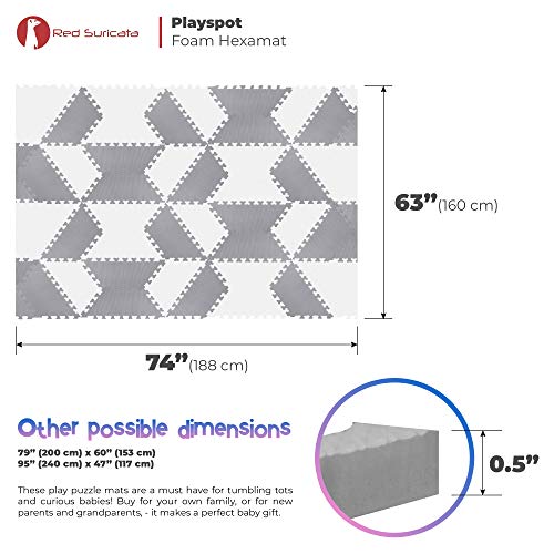 Red Suricata Playspot Foam Hexamat – Geo Interlocking Baby Play Mat - Baby Playmat for Kids, Infants & Toddlers – 79” x 60” or 74” x 63” Rubber Foam Floor Puzzle Mats Tiles (Ghost White/Grey