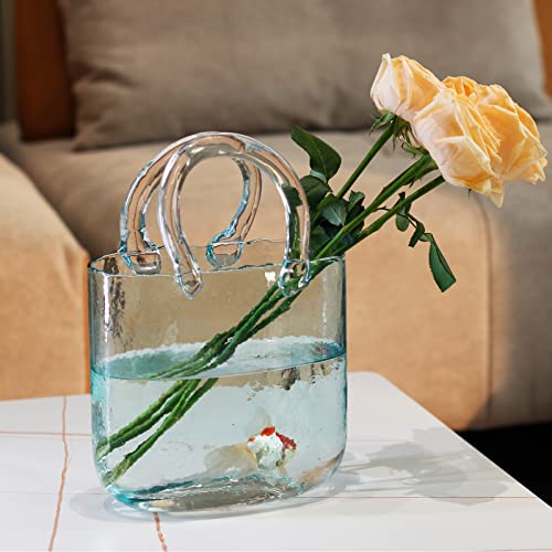 Purse Vase for Flowers, Glass Vase, Fish Bowl with Bubble, Handbag Shape Clear Vase, 10.6 inch Vase for Flowers, Plant Vase for Christmas, Birthday Gift, Table Decor-Light Blue