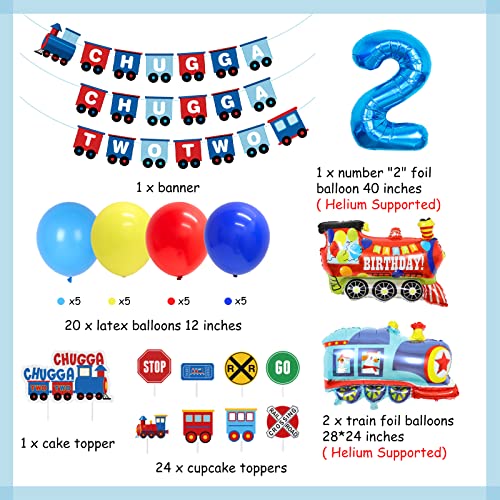 Chugga Chugga Two Two Party Decorations for 2 Years Old Boys, Railroad Train Crossing Theme Birthday Party Supplies - Chugga Chugga Two Two Banner, Cake Topper, Train Foil Balloons