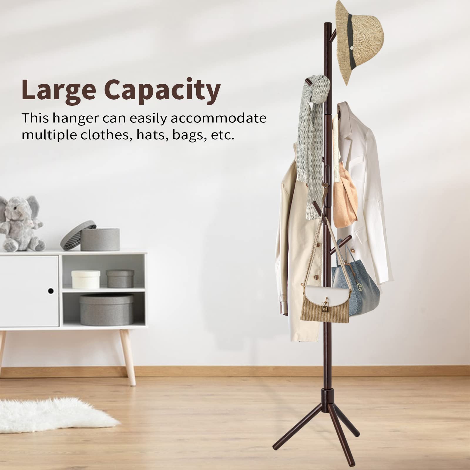 YOFU Coat Rack Sturdy Wooden Coat Rack Stand, Adjustable Coat Tree, Free Standing Tree Hanger with 3 Sections & 8 Hooks, for Home, Office, Bedroom, Entryways (Dark Walnut)
