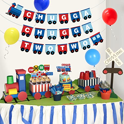 Chugga Chugga Two Two Party Decorations for 2 Years Old Boys, Railroad Train Crossing Theme Birthday Party Supplies - Chugga Chugga Two Two Banner, Cake Topper, Train Foil Balloons