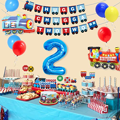 Chugga Chugga Two Two Party Decorations for 2 Years Old Boys, Railroad Train Crossing Theme Birthday Party Supplies - Chugga Chugga Two Two Banner, Cake Topper, Train Foil Balloons