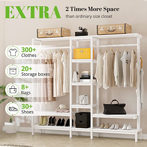 HOKEEPER Heavy Duty Free Standing Closet Organizer with 8 Shelves and Coat Rack Extra Large Wardrobe Closet Clothing Rack for Hanging Clothes Closet Storage Garment Rack for Bedroom 1000lbs White