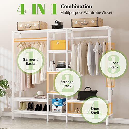 HOKEEPER Heavy Duty Free Standing Closet Organizer with 8 Shelves and Coat Rack Extra Large Wardrobe Closet Clothing Rack for Hanging Clothes Closet Storage Garment Rack for Bedroom 1000lbs White