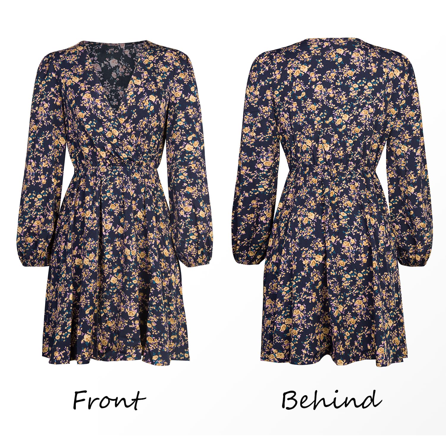 CUPSHE Women's V Neck Ditsy Floral Mini Dress Long Sleeve A Line Dress Surplice Short Dress Multicoloured