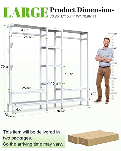 HOKEEPER Heavy Duty Free Standing Closet Organizer with 8 Shelves and Coat Rack Extra Large Wardrobe Closet Clothing Rack for Hanging Clothes Closet Storage Garment Rack for Bedroom 1000lbs White