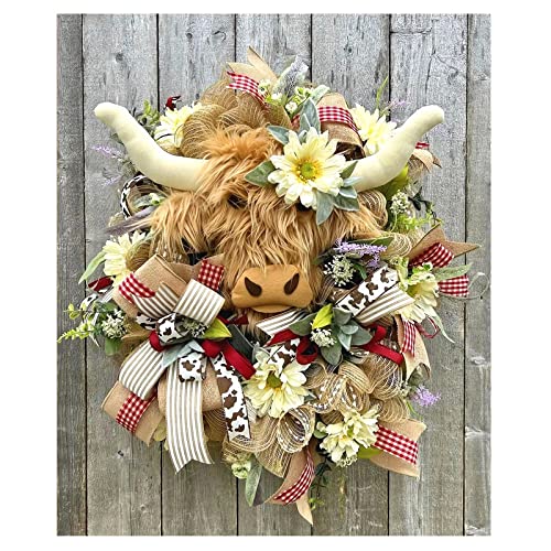 Farmhouse Highland Cow Wreath - 2023 New Spring Wreaths for Front Door, Spring Summer Floral Wreaths for Front Door, Flower Door Wreaths for All Seasons Outdoor Indoors, Spring Front Porch Decor (1PC)