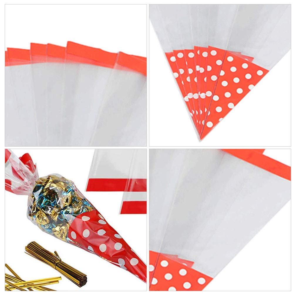 FARUTA 100pcs Clear Cello Treat Bags Cone Shaped Polka Dot Popcorn Bags Triangle Treat Bags OPP Plastic Bags for Gift Wrapping Bakery Cookie Dessert Packaging Red