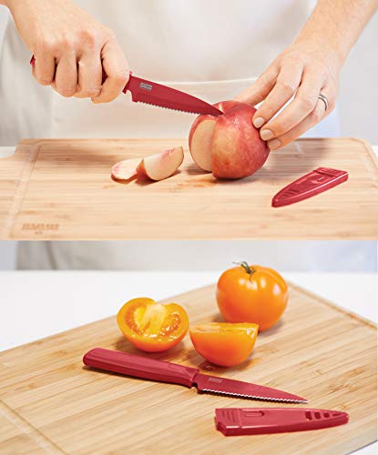 KUHN RIKON COLORI Non-Stick Serrated Paring Knife with Safety Sheath, 4 inch/10.16 cm Blade, Red