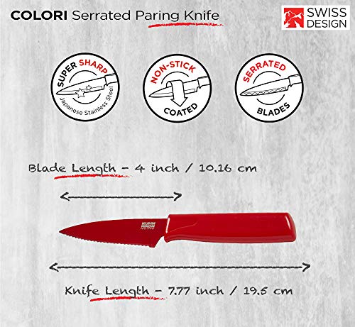 KUHN RIKON COLORI Non-Stick Serrated Paring Knife with Safety Sheath, 4 inch/10.16 cm Blade, Red