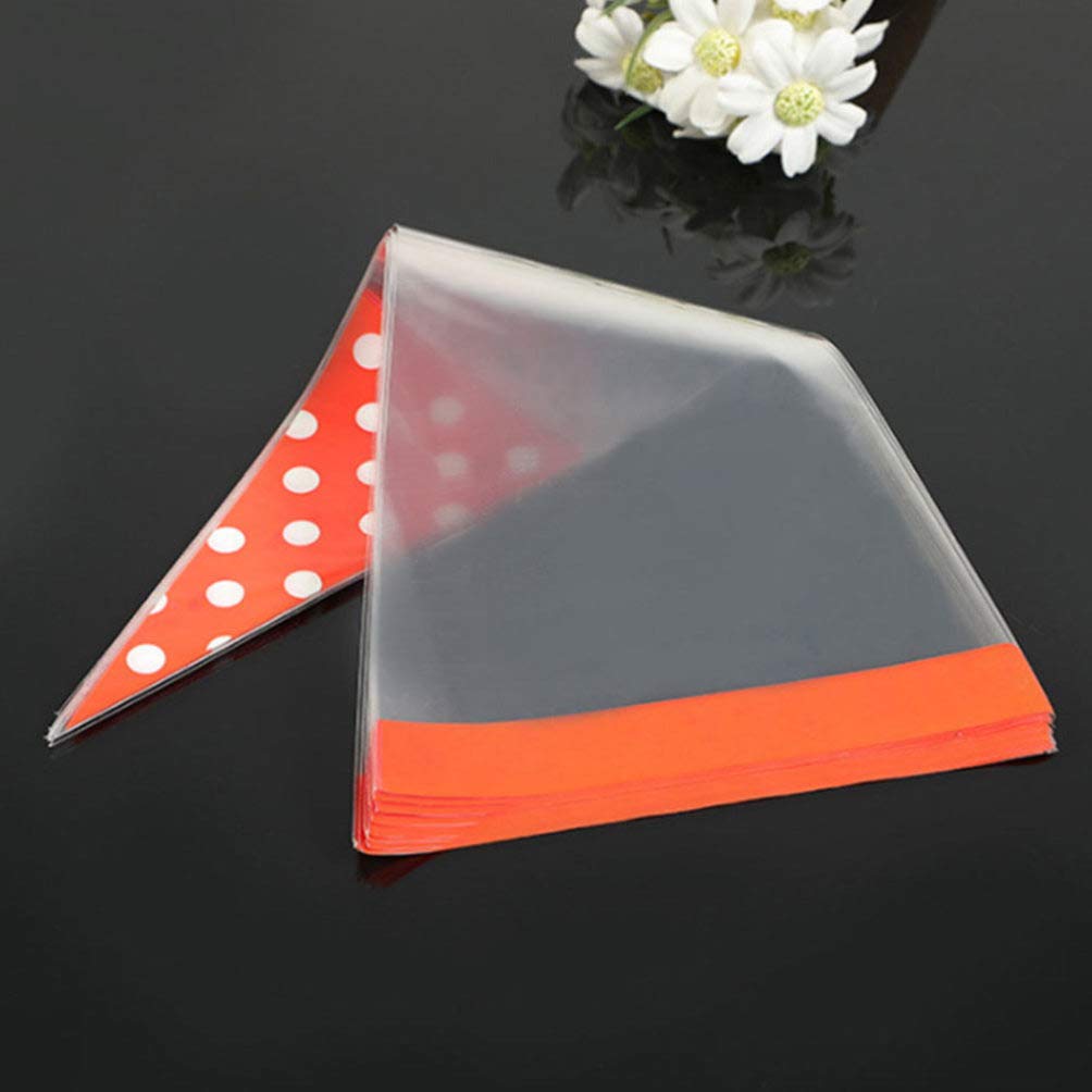 FARUTA 100pcs Clear Cello Treat Bags Cone Shaped Polka Dot Popcorn Bags Triangle Treat Bags OPP Plastic Bags for Gift Wrapping Bakery Cookie Dessert Packaging Red