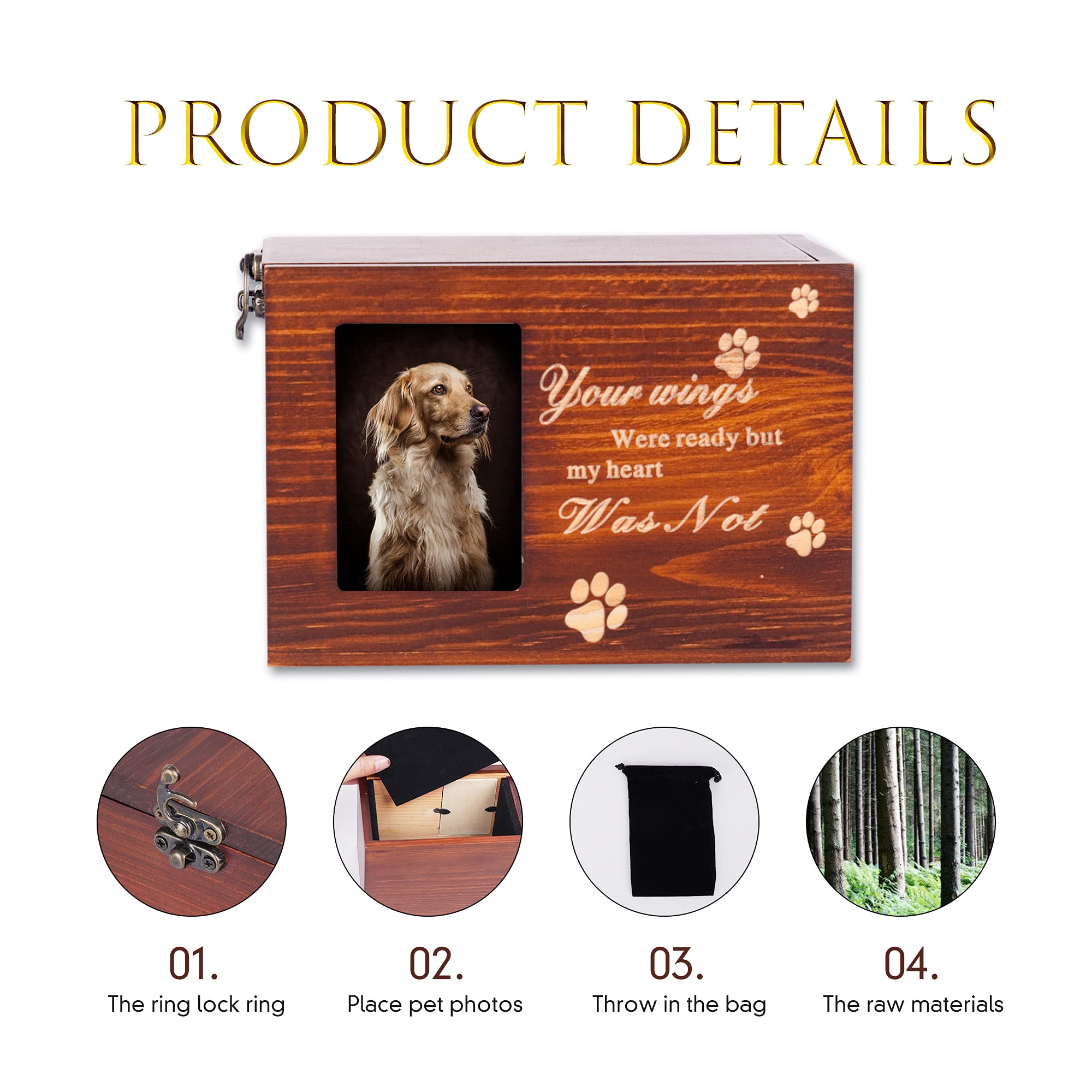 Pet Urns for Dogs or Cats Ashes, Loss Pet Memorial Remembrance Gift, Personalized Photo Frame Urns Wooden Memorial Keepsake Cat or Dog Memory Box with Black Flannel as Lining (157 Cubic Inches)