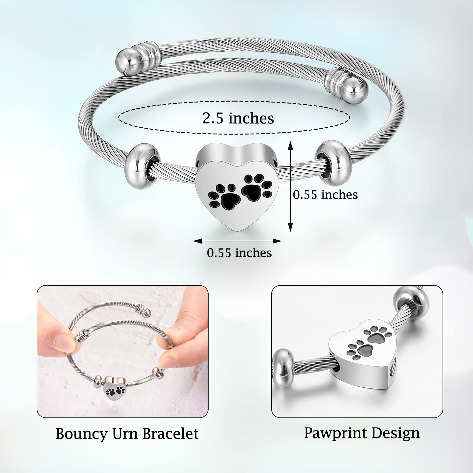 abooxiu Stainless Steel Cremation Bracelet, Heart Ashes Holder with Paw Print, Memorial Urn Bracelet for Cat Dog