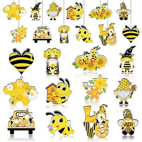 Summer Tree Decorations Bee Ornaments - 36pcs Bee Gnome Wooden Decor with Rope for Summer Home Bee Themed Tree Hanging Decorations