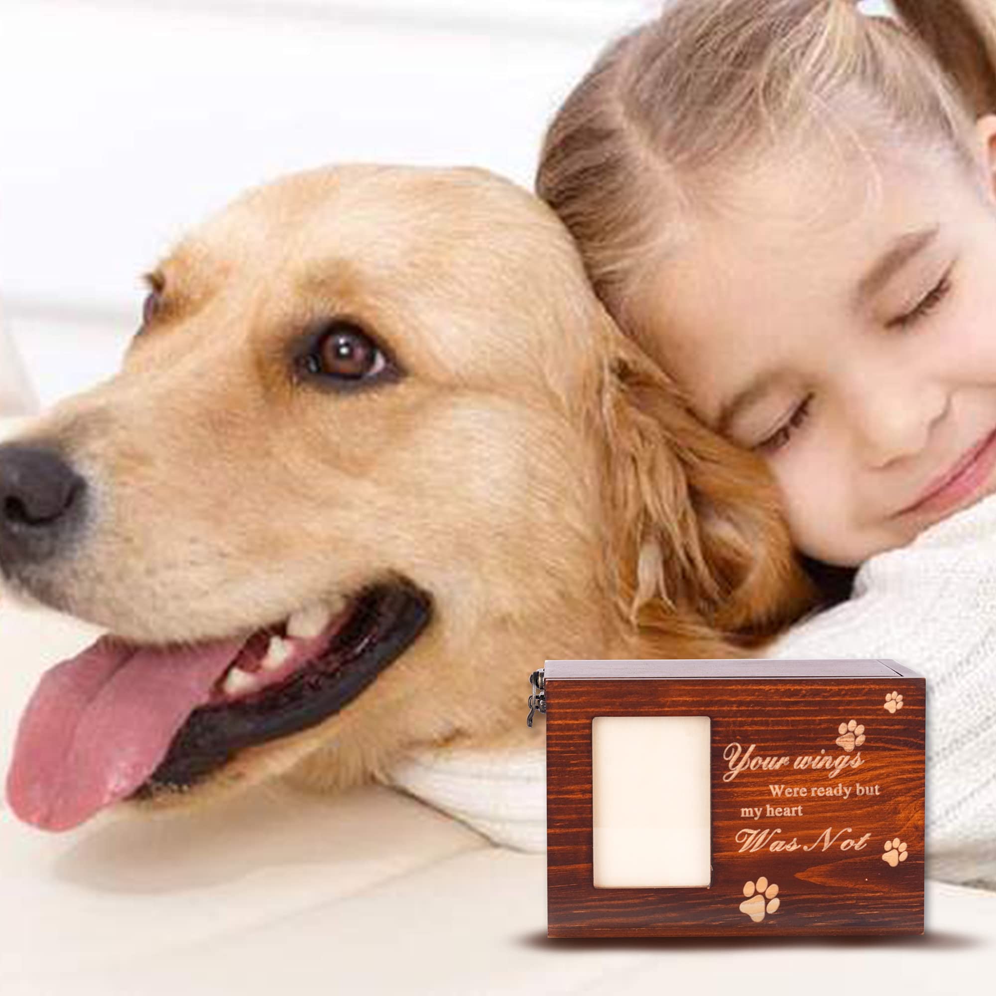 Pet Urns for Dogs or Cats Ashes, Loss Pet Memorial Remembrance Gift, Personalized Photo Frame Urns Wooden Memorial Keepsake Cat or Dog Memory Box with Black Flannel as Lining (157 Cubic Inches)