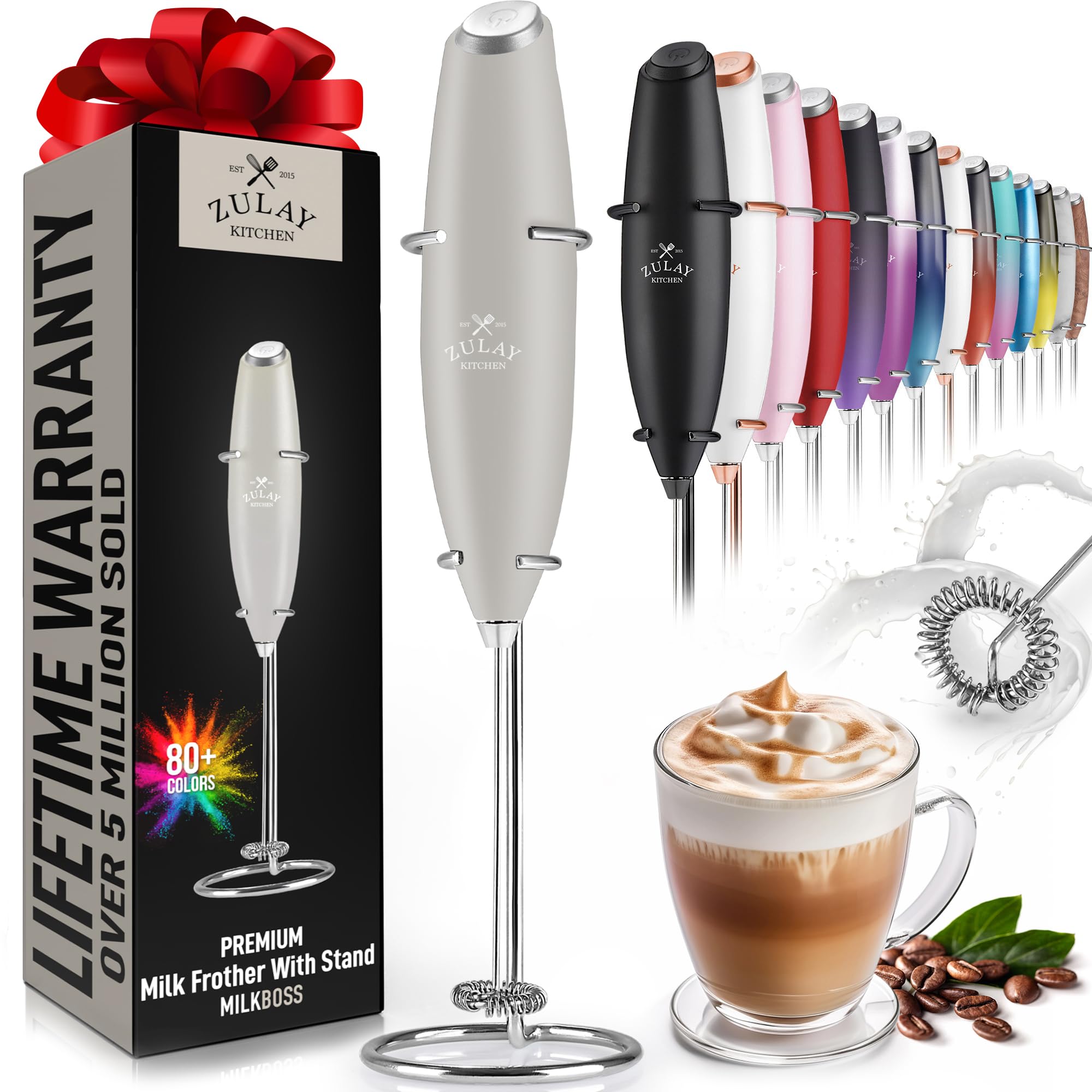 Zulay Kitchen Powerful Milk Frother Wand - Ultra Fast Handheld Drink Mixer - Electric Whisk Foam Maker for Coffee, Lattes, Cappuccino, Frappe, Matcha & Coffee Creamer - Milk Boss Gray