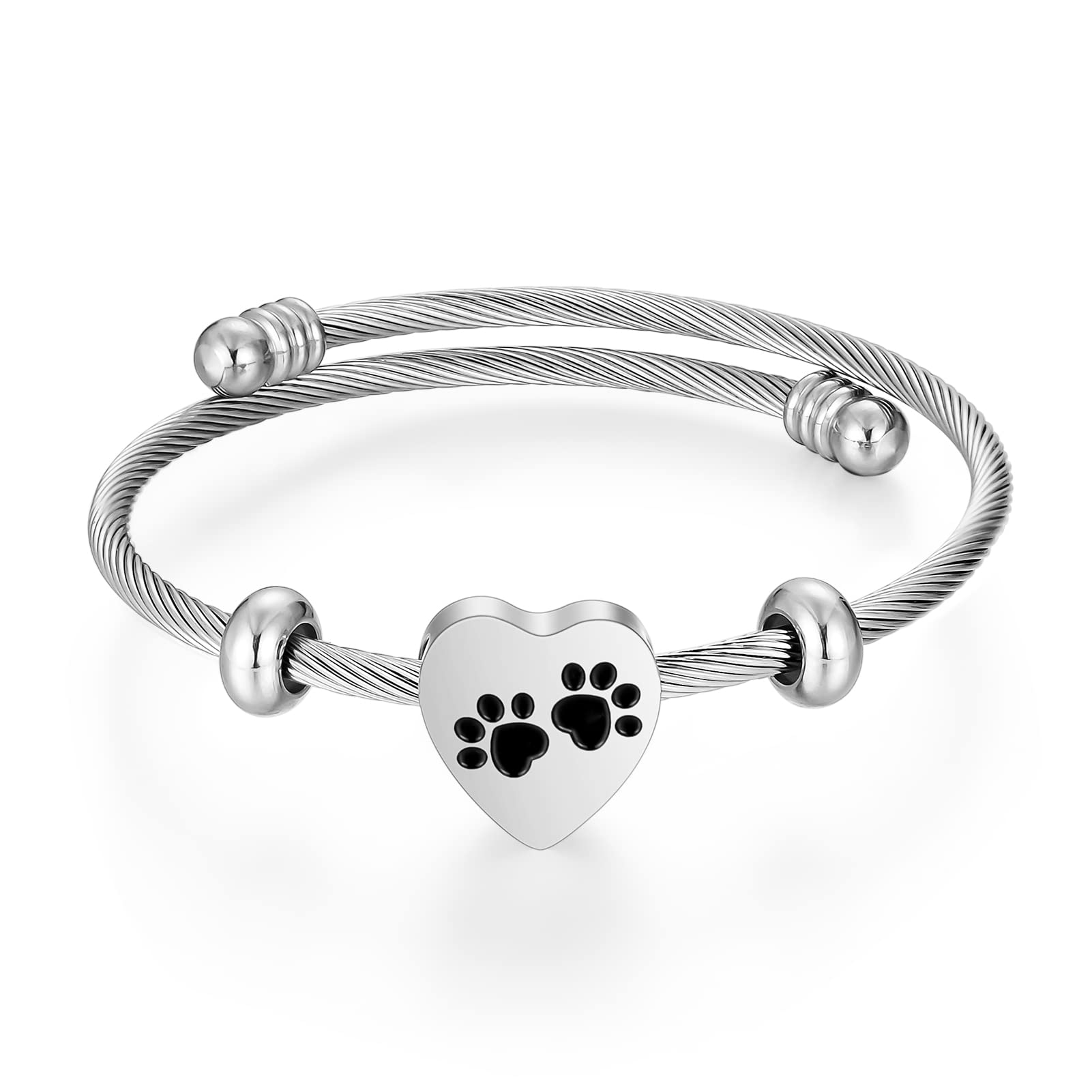 abooxiu Stainless Steel Cremation Bracelet, Heart Ashes Holder with Paw Print, Memorial Urn Bracelet for Cat Dog