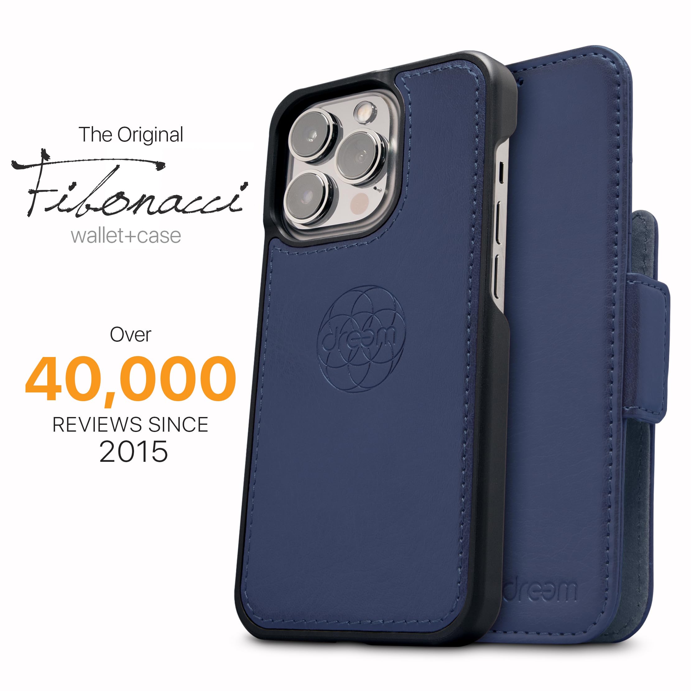Dreem Fibonacci Wallet Case for iPhone 14 | 2-in-1 Detachable Vegan Leather Cover with Built-in Kick-Stand, RFID Blocking Card Holder, MagSafe Compatible [Royal]