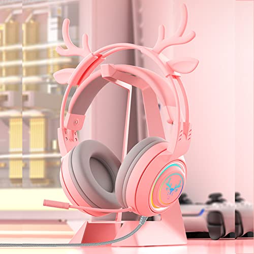 Atrasee Stereo Gaming Headset for PS4 PC Xbox One PS5 Controller, Noise Cancelling Over Ear Headphones with Mic, LED Light, Bass Surround, Soft Memory Earmuffs for Laptop Mac Nintendo (Pink Antlers)