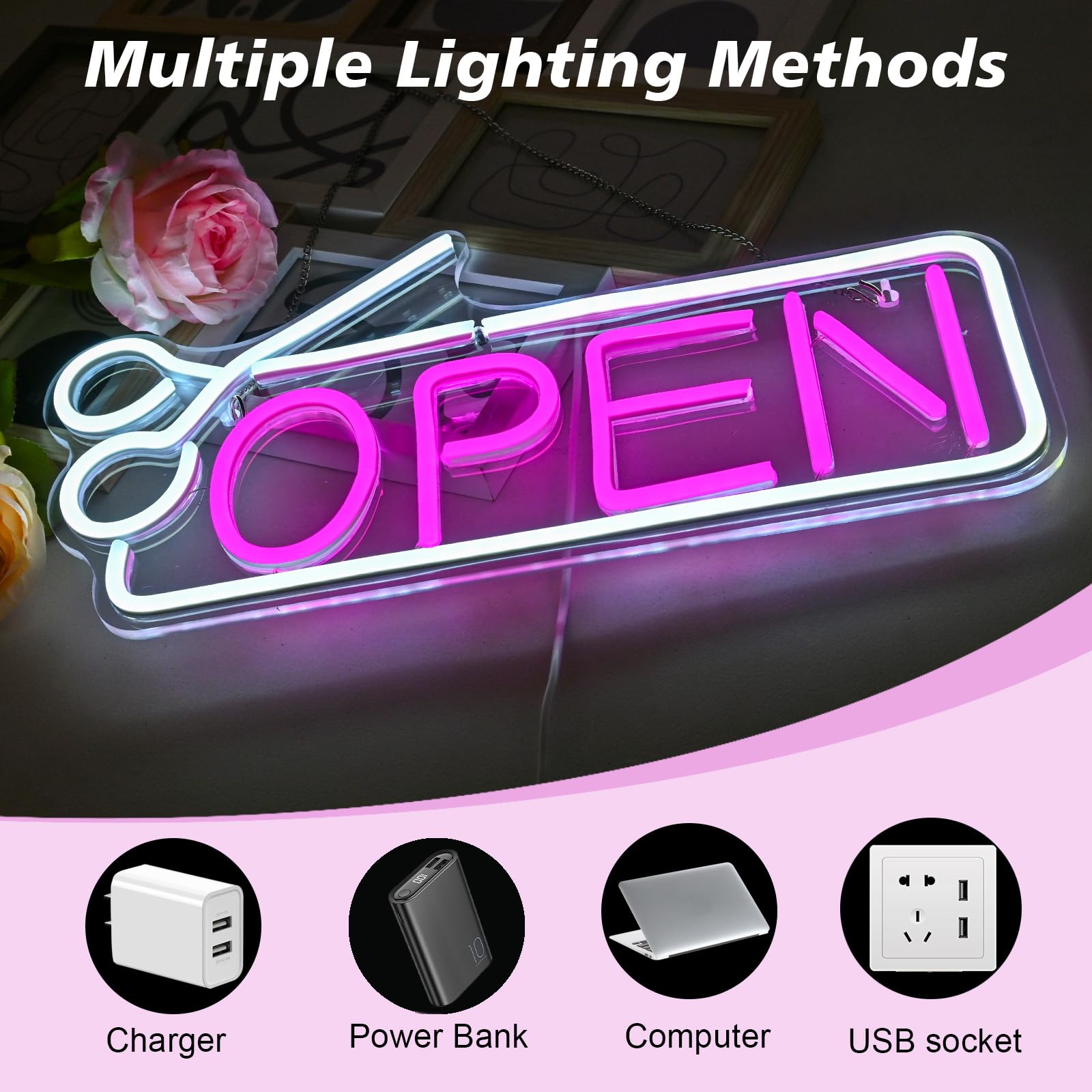 Open Neon Sign Pink White LED Sign USB Powered Neon Light up Signs for Wall Decor with Switch for Bar Salon Store Hotel Coffee Shop Club Business