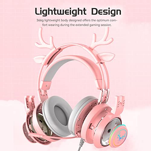 Atrasee Stereo Gaming Headset for PS4 PC Xbox One PS5 Controller, Noise Cancelling Over Ear Headphones with Mic, LED Light, Bass Surround, Soft Memory Earmuffs for Laptop Mac Nintendo (Pink Antlers)