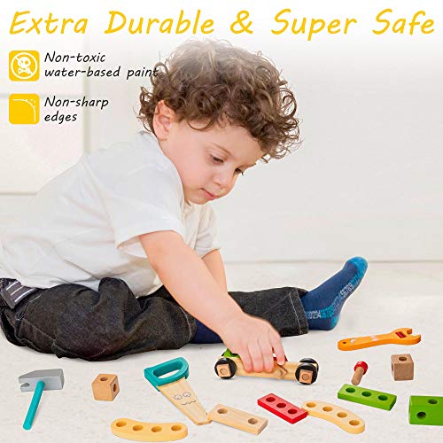 KIDWILL Tool Kit for Kids, 37 pcs Wooden Toddler Tools Set Includes Tool Box & Stickers, Montessori Educational Stem Construction Toys for 2 3 4 5 6 Year Old Boys Girls, Best Birthday Gift for Kids