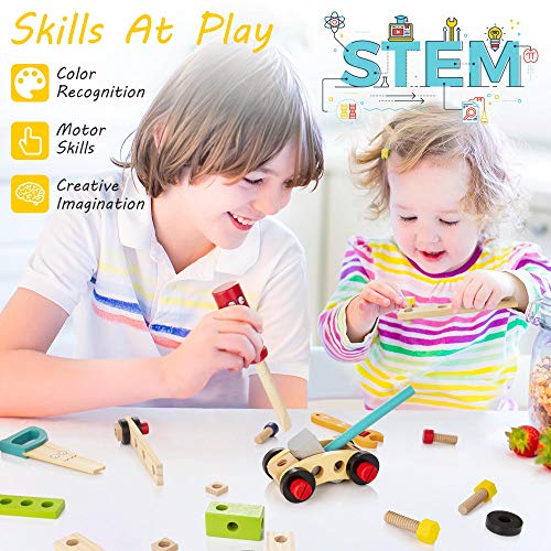 KIDWILL Tool Kit for Kids, 37 pcs Wooden Toddler Tools Set Includes Tool Box & Stickers, Montessori Educational Stem Construction Toys for 2 3 4 5 6 Year Old Boys Girls, Best Birthday Gift for Kids