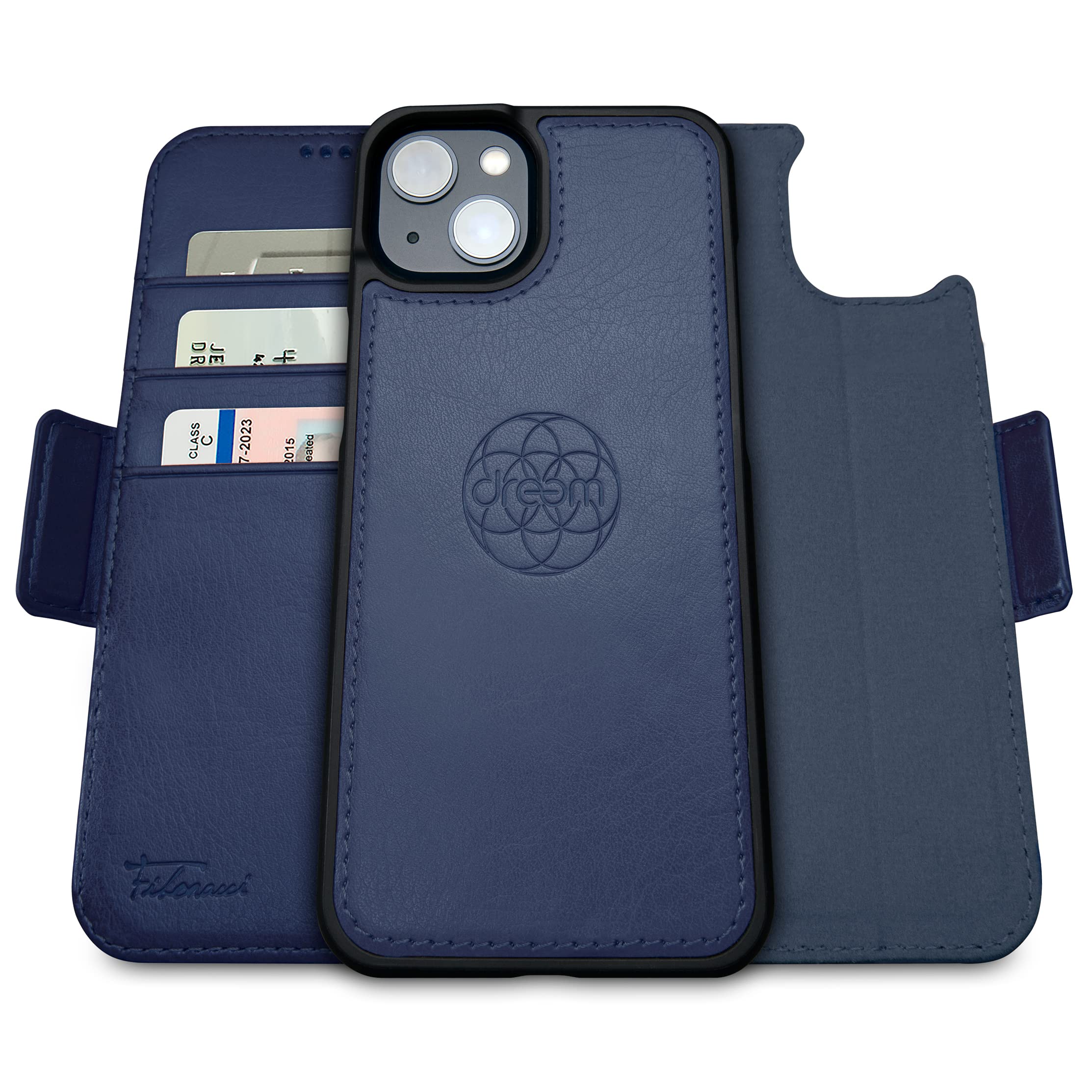Dreem Fibonacci Wallet Case for iPhone 14 | 2-in-1 Detachable Vegan Leather Cover with Built-in Kick-Stand, RFID Blocking Card Holder, MagSafe Compatible [Royal]