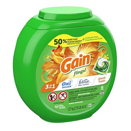 Gain flings! Laundry Detergent Soap Pacs HE Compatible 60 ct Long Lasting Scent Island Fresh