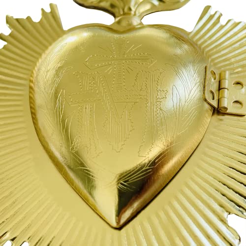 ESNOY Sacred Heart, Gold Metal Milagro Heart Wall Ornament, Mexican Home Eclectic Decor, Heart Box Catholic Gift for First Holy Communion Confirmation Housewarming Christmas