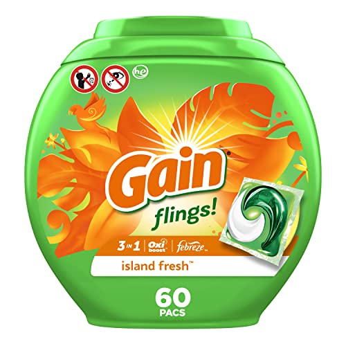 Gain flings! Laundry Detergent Soap Pacs HE Compatible 60 ct Long Lasting Scent Island Fresh