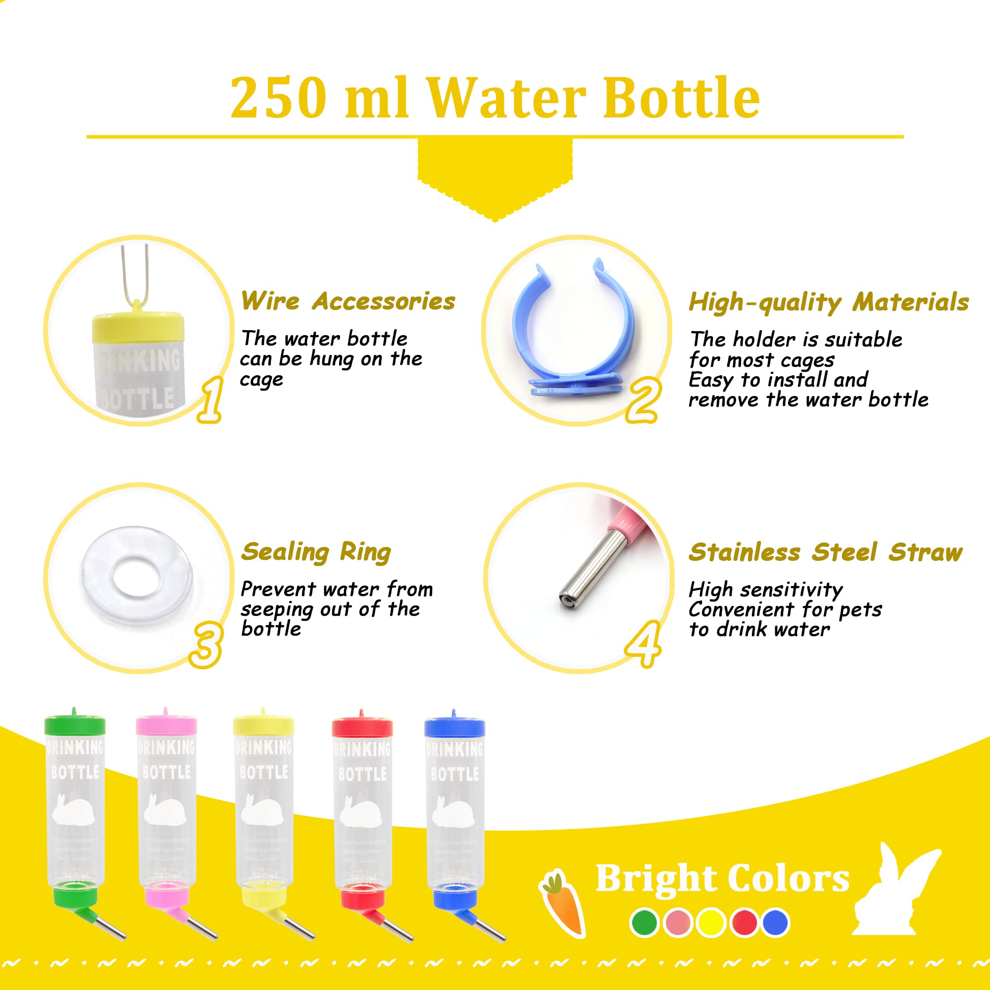 LLSPET 3-in-1 Guinea Pig Hay Feeder Water Bottle Nail Scissors Set, Pets Feeding Kit for Small Animals Bunny Chinchilla Guinea Pig Rabbit, 250ml Rabbit Water Bottle No Drip(Yellow)