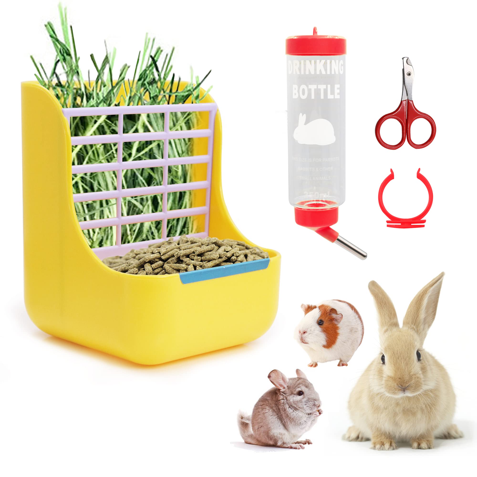 LLSPET 3-in-1 Guinea Pig Hay Feeder Water Bottle Nail Scissors Set, Pets Feeding Kit for Small Animals Bunny Chinchilla Guinea Pig Rabbit, 250ml Rabbit Water Bottle No Drip(Yellow)