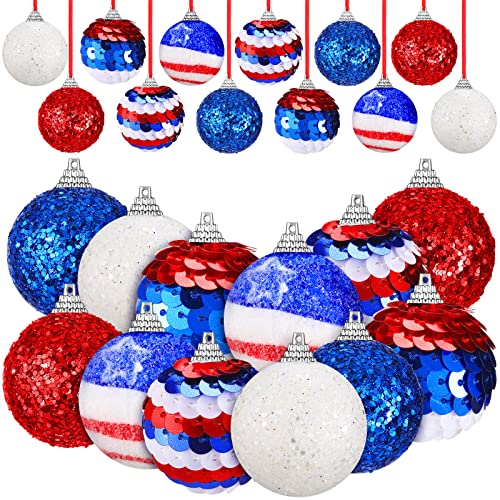 24 Pcs 4th of July Ornaments Independence Day Ball Ornaments Patriotic Decoration Hanging Ornaments for Memorial Day Red White Blue Ball Decor for Independence Day (Classic Style)