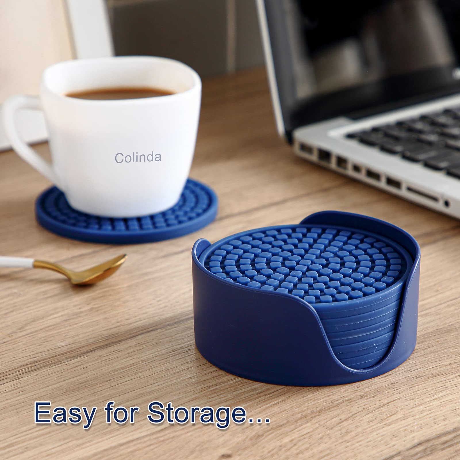 Colinda Silicone Drink Coasters with Holder, Set of 6, for Tabletop Protection and Office Desk, Cup Mat Set for Home Decor, Non-Slip and Non-Stick,Round, 4 Inch,Pink