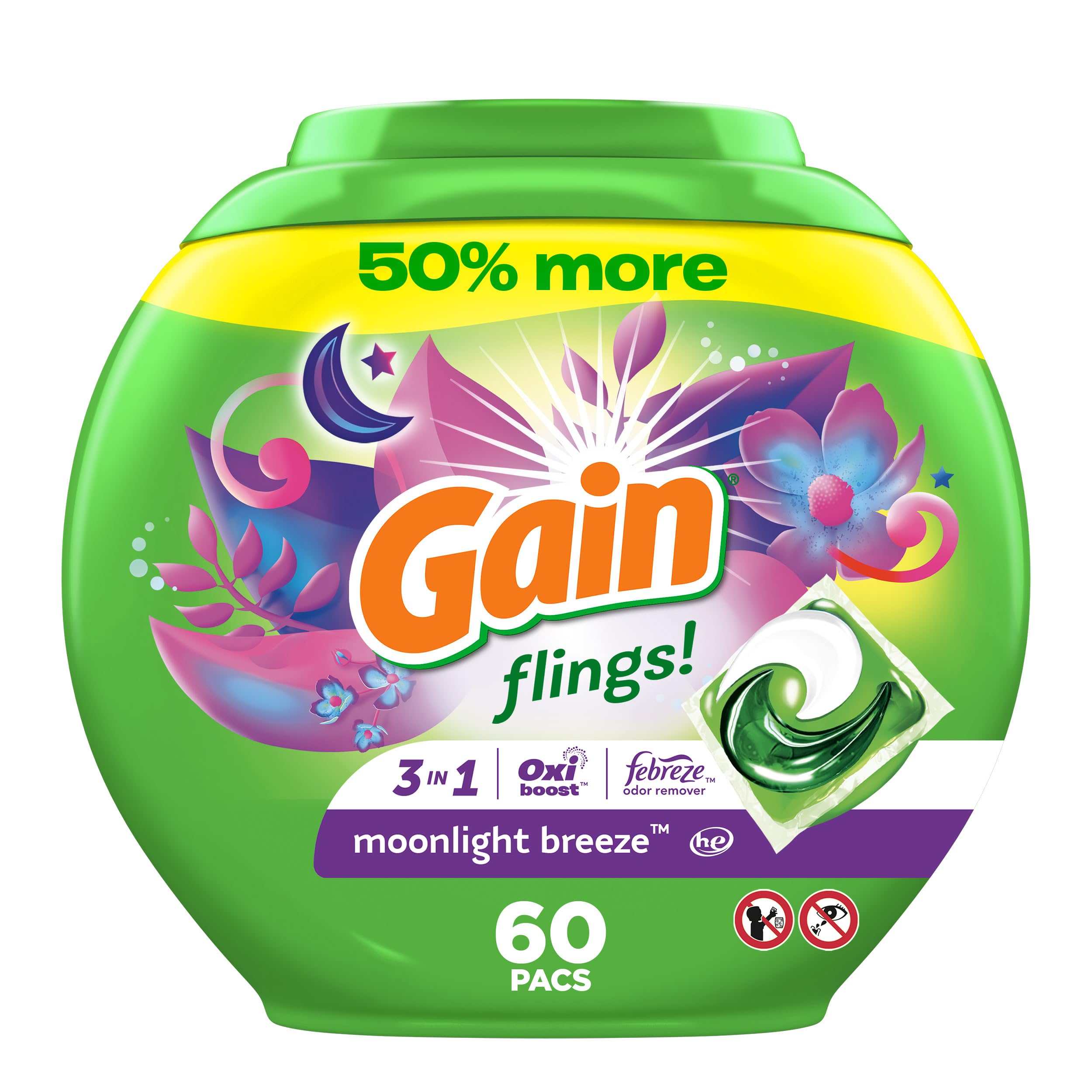 Gain flings! Laundry Detergent Soap Pacs HE Compatible 60 ct Long Lasting Scent Moonlight Breeze
