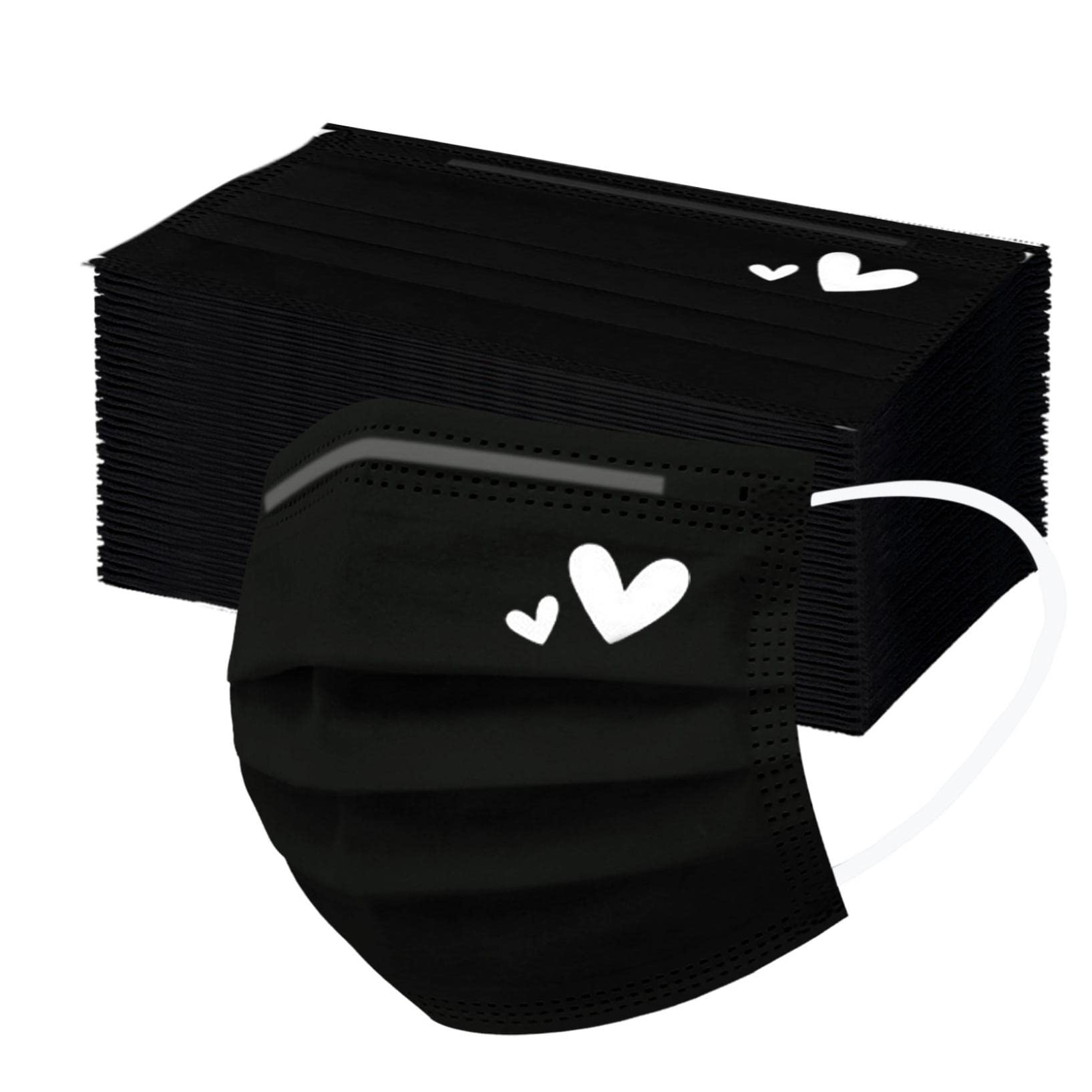 YOMEESOUL 50pcs Cute Disposable Face Masks, Pink And Black Masks with Hearts Printed, 3-Ply Full Protection for Women Teen Girls (White Hearts)