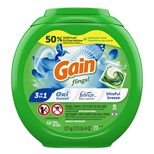 Gain flings! Laundry Detergent Soap Pacs HE Compatible 60 Count Long Lasting Scent Blissful Breeze Scent