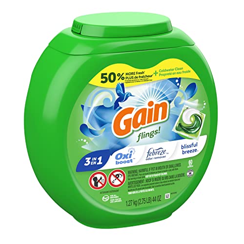 Gain flings! Laundry Detergent Soap Pacs HE Compatible 60 Count Long Lasting Scent Blissful Breeze Scent