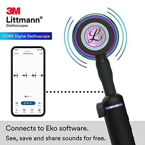 3M™ Littmann® CORE Digital Stethoscope, 8570, High Polish Rainbow Chestpiece, Black Tube, Black Stem and Headset, 27 inch